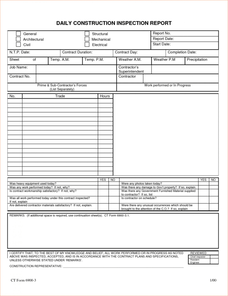 003 Construction Daily Reports Templates Report Form for Superintendent ...