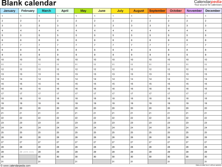 020 Monthly Le Format Blank Calendar Free Printable with Blank Revision ...