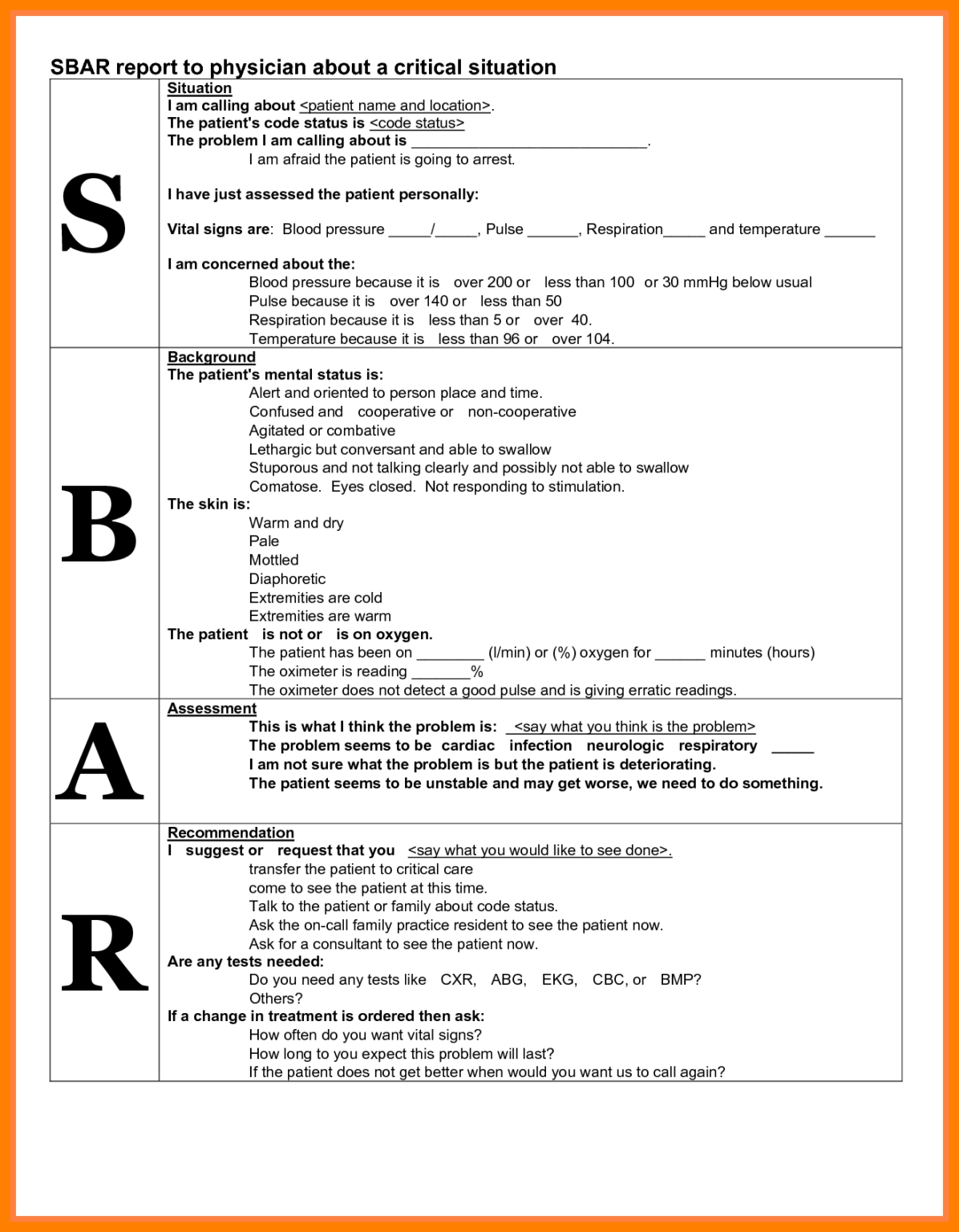 Sbar Template Word