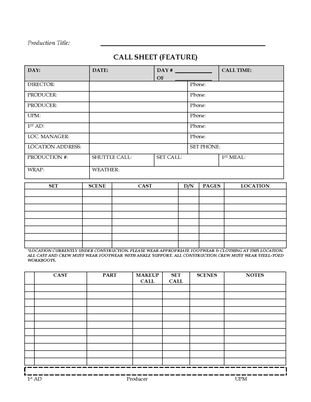 Awesome Call Sheet (Feature) Template Sample For Film in Blank Call ...