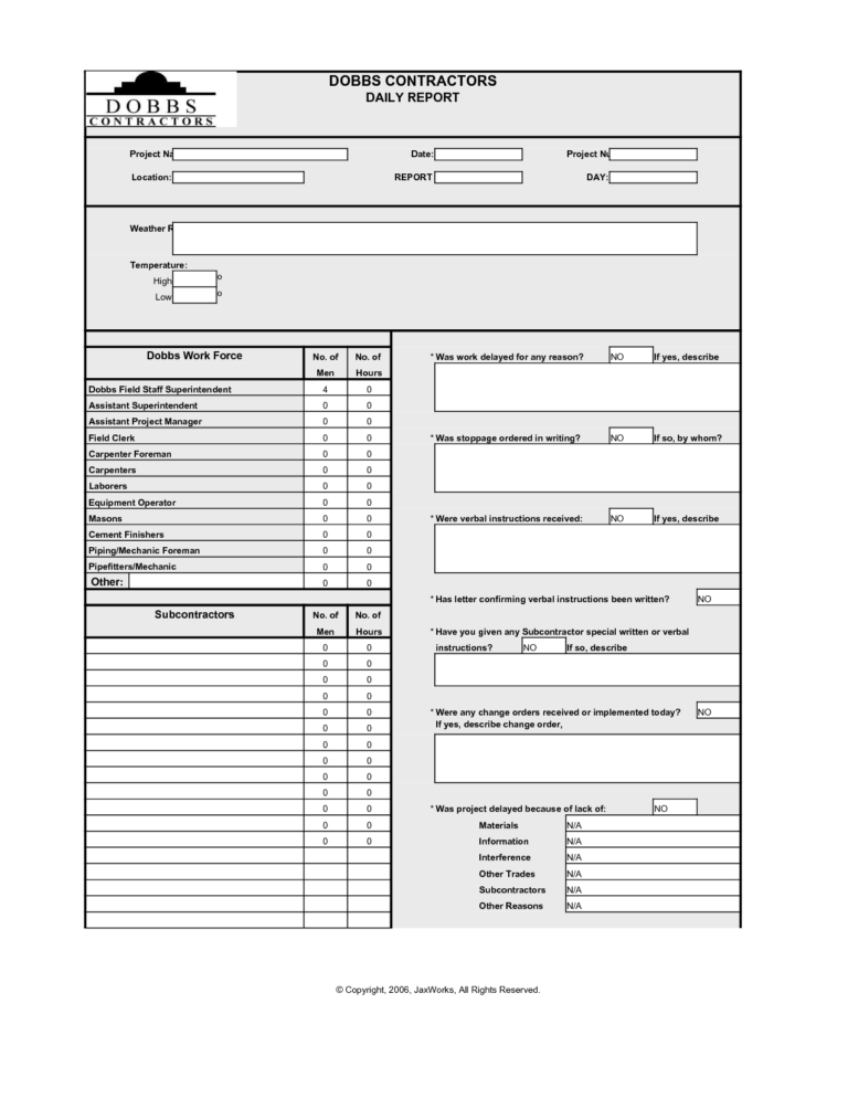 Basic Daily Report Template Sample For Contractor Project in ...