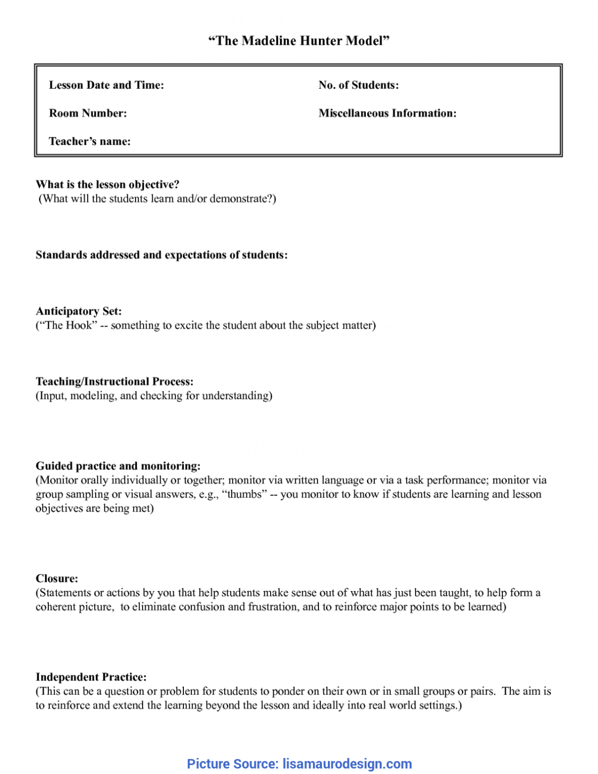 Best Lesson Plan Template Anticipatory Set Madeline Hunter inside ...