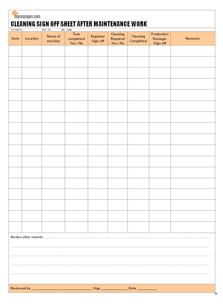 Cleaning Sign Off Sheet After Maintenance Work Format with regard to ...