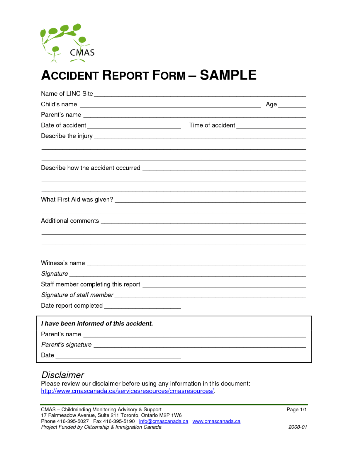 Construction Accident Report Form Sample Work Incident in Incident ...