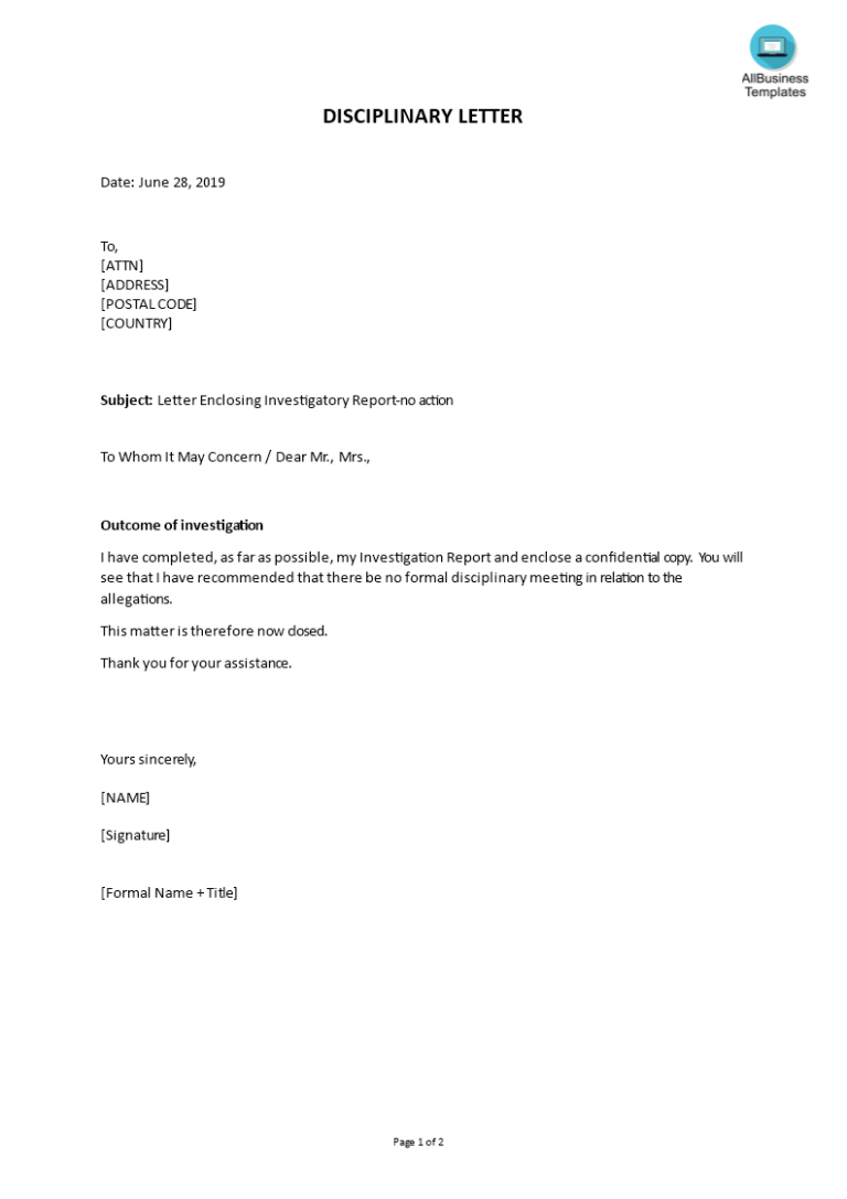 Disciplinary Letter Enclosing Investigatory Report | Templates intended ...