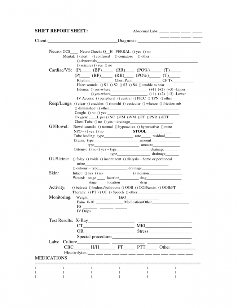 End Of Shift Nursing Report Template Examples Icu Nurse Sheet for Icu ...
