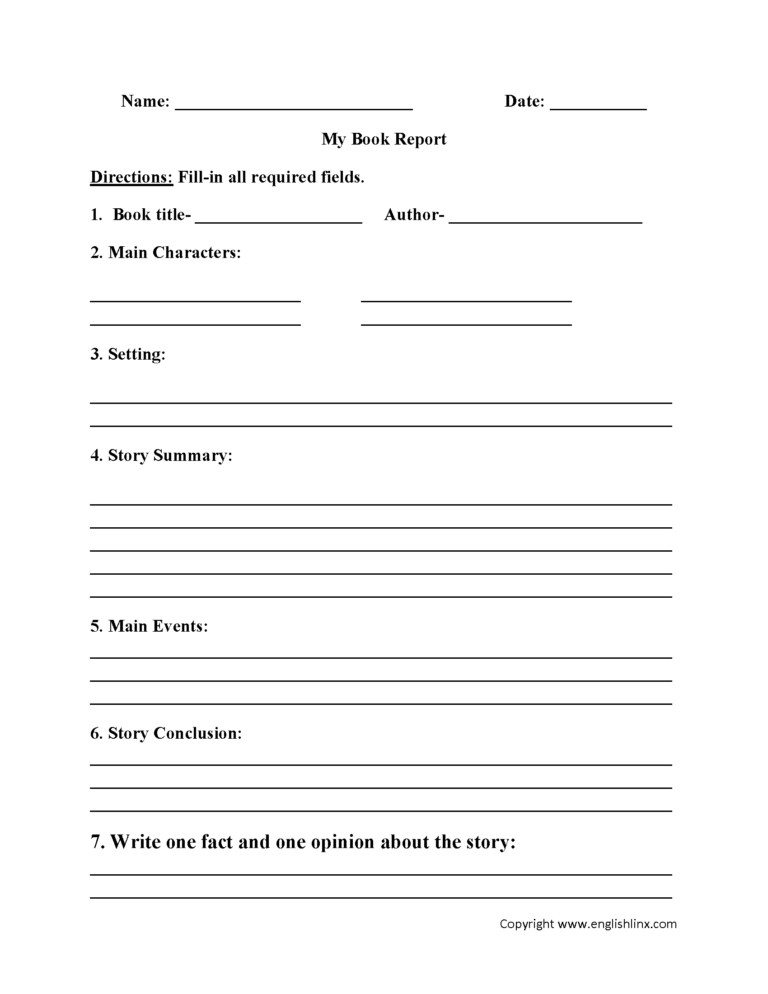 Englishlinx | Book Report Worksheets regarding 6Th Grade Book Report ...