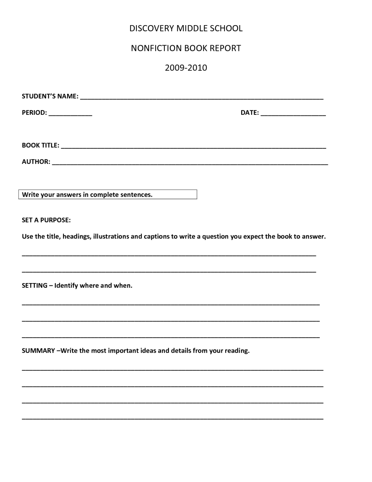 Non Fiction Book Report Template Middle School | How To with regard to ...