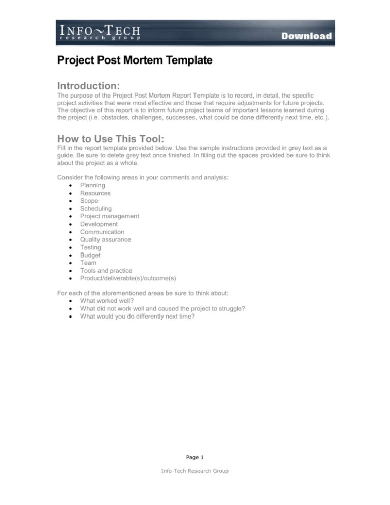 Project Post Mortem Template within Project Analysis Report Template ...