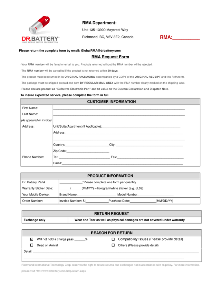 Rma Department: Rma:______ Rma Request Form within Rma Report Template ...