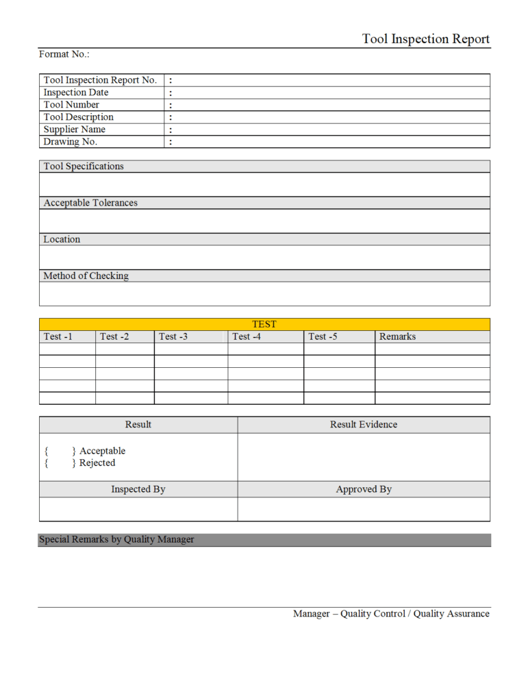 Tool Inspection Report – intended for Engineering Inspection Report ...