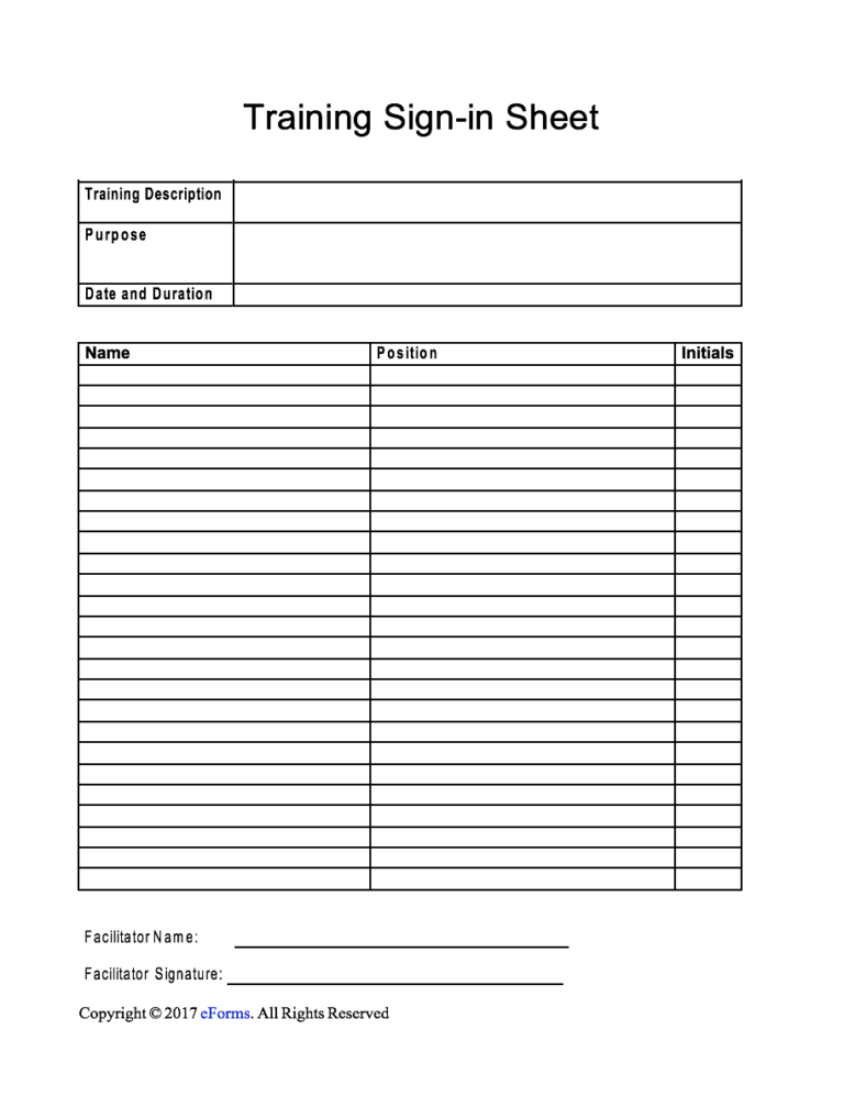 Training Sign-In Sheet Template | Eforms – Free Fillable Forms inside ...